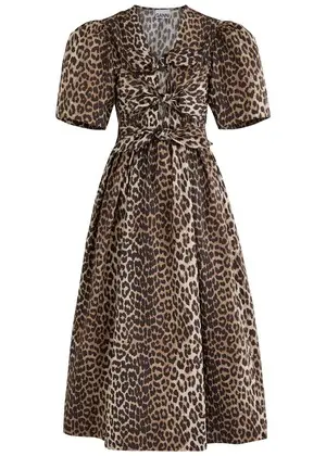GANNI Print Belted Cotton Midi Dress - Leopard