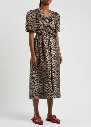 GANNI Print Belted Cotton Midi Dress - Leopard