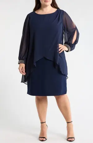 SL FASHIONS Beaded Overlay Long Sleeve Chiffon Cocktail Dress
