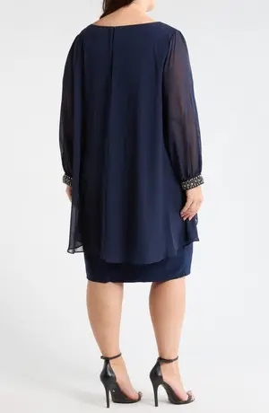 SL FASHIONS Beaded Overlay Long Sleeve Chiffon Cocktail Dress