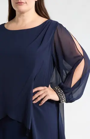SL FASHIONS Beaded Overlay Long Sleeve Chiffon Cocktail Dress