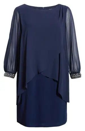SL FASHIONS Beaded Overlay Long Sleeve Chiffon Cocktail Dress