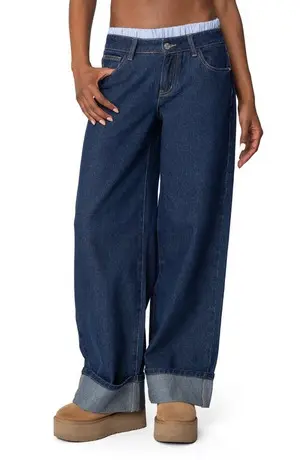 EDIKTED Low Rise Wide Leg Jeans - Dark-blue