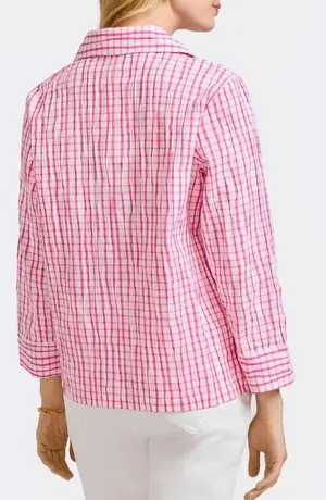 Foxcroft Sammy Check Crinkled Cotton Blend Top - White/ Bombshell Pink