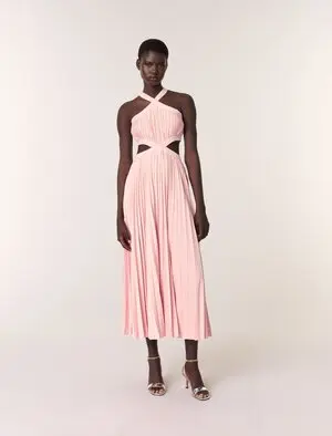 Maje Pleated Maxi Dress With Criss-cross Neckline And Open Back