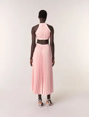 Maje Pleated Maxi Dress With Criss-cross Neckline And Open Back