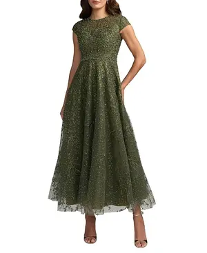 Mac Duggal Mac Duggal Embellished High Neck Cap Sleeve A-Line Dress Olive