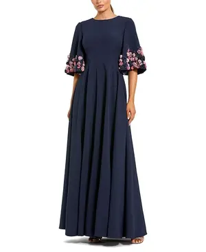 Mac Duggal Satin Elbow Sleeve Gown With Flower Trim - Midnight