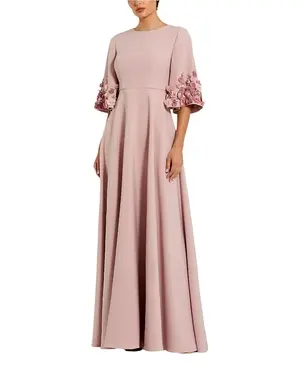 Mac Duggal Satin Elbow Sleeve Gown With Flower Trim - Rose
