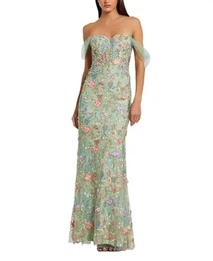 Mac Duggal Off-the-shoulder Bustier Embroidered Net Gown