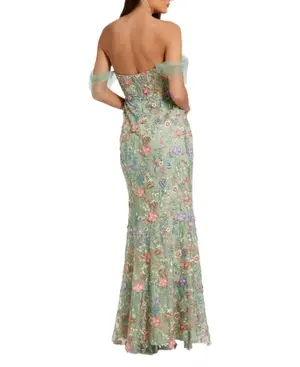 Mac Duggal Off-the-shoulder Bustier Embroidered Net Gown