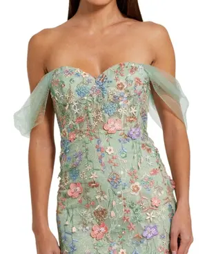 Mac Duggal Off-the-shoulder Bustier Embroidered Net Gown