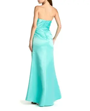 Mac Duggal Strapless Gathered Gown With High Slit - Turquoise