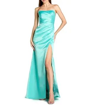 Mac Duggal Strapless Gathered Gown With High Slit - Turquoise