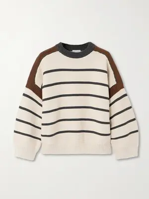 Brunello Cucinelli Bead-embellished Striped Cotton Sweater - Neutrals