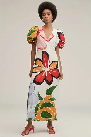 Anthropologie Puff-sleeve A-line Maxi Dress - Ivory