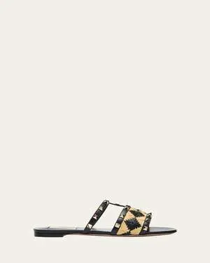 Valentino Garavani Rockstud Raffia Flat Slide Sandals - Nero/naturale/nero