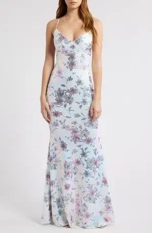 aqua white sequin dress Sequin-Print Long Prom Dress with Bows Aqua Blue / 4