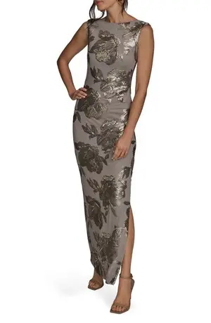 Donna Karan New York Sequin Floral Gown - Dark Clay