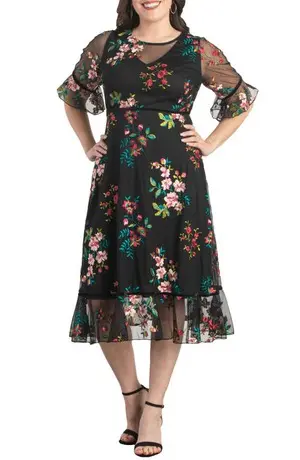 KIYONNA Wildflower Embroidered Midi Dress - Onyx