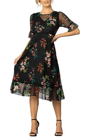 KIYONNA Wildflower Embroidered Midi Dress - Onyx