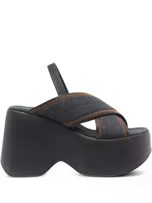VIC MATIE 100mm Denim Wedge Sandals - Black