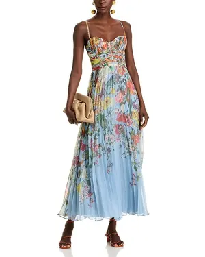 Aqua Pleated Floral Maxi Dress - Blue Multi