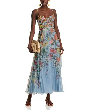 Aqua Pleated Floral Maxi Dress - Blue Multi