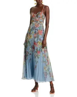 Aqua Pleated Floral Maxi Dress