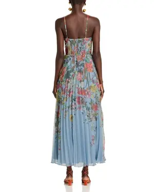 Aqua Pleated Floral Maxi Dress