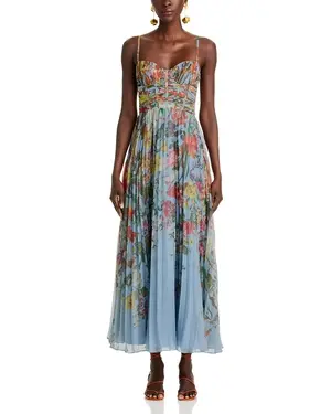 Aqua Pleated Floral Maxi Dress