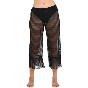 La Blanca Fringe Sheer Crop Cover-up Pants - Black