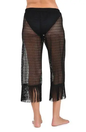 La Blanca Fringe Sheer Crop Cover-up Pants - Black