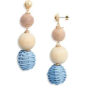 Nordstrom Raffia & Wood Bead Drop Earrings Blue- Tan- Rose