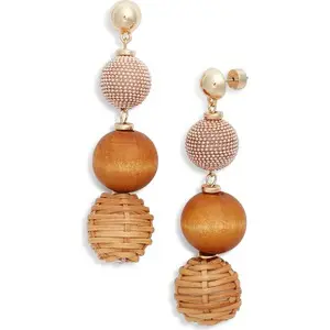 Nordstrom Raffia & Wood Bead Drop Earrings - Tan- Brown- Gold