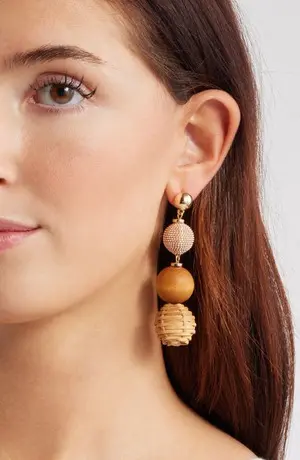 Nordstrom Raffia & Wood Bead Drop Earrings - Tan- Brown- Gold