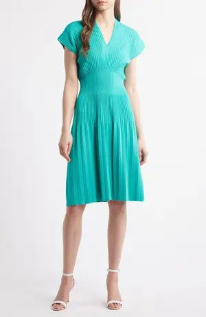 Ming Wang Pleated Rib Fit & Flare Dress - Emerald Awe