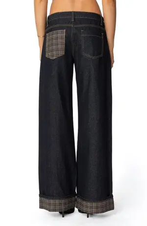 EDIKTED Plaid Cuff Wide Leg Jeans
