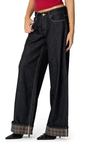 EDIKTED Plaid Cuff Wide Leg Jeans