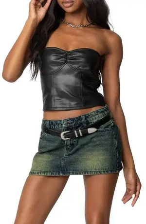 EDIKTED Myleigh Faux Leather Strapless Crop Top