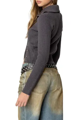 EDIKTED Rib Asymmetric Zip Cardigan