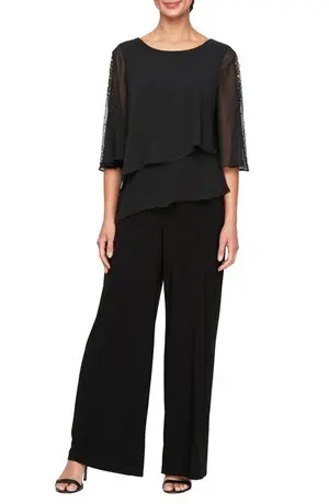 SL FASHIONS Tiered Capelet Jumpsuit - Black