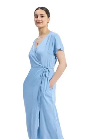 REISTOR Denim Maxi Wrap Dress - Light Blue