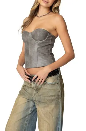 EDIKTED Sulivan Strapless Faux Leather Corset Crop Top