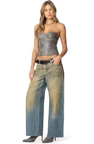 EDIKTED Sulivan Strapless Faux Leather Corset Crop Top