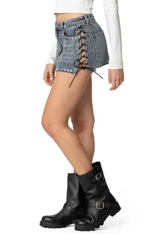 EDIKTED Casey Lace-up Denim Miniskirt