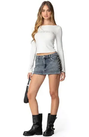 EDIKTED Casey Lace-up Denim Miniskirt