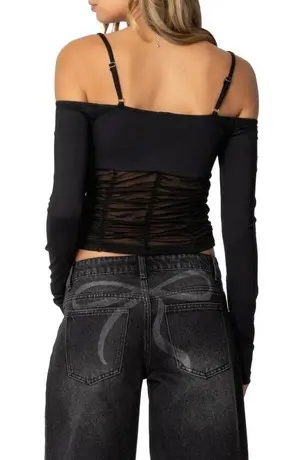 EDIKTED Susie Cold Shoulder Mesh Crop Top