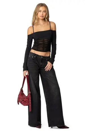 EDIKTED Susie Cold Shoulder Mesh Crop Top