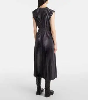JOSEPH Volta Belted Plissé Satin Midi Dress - Grey